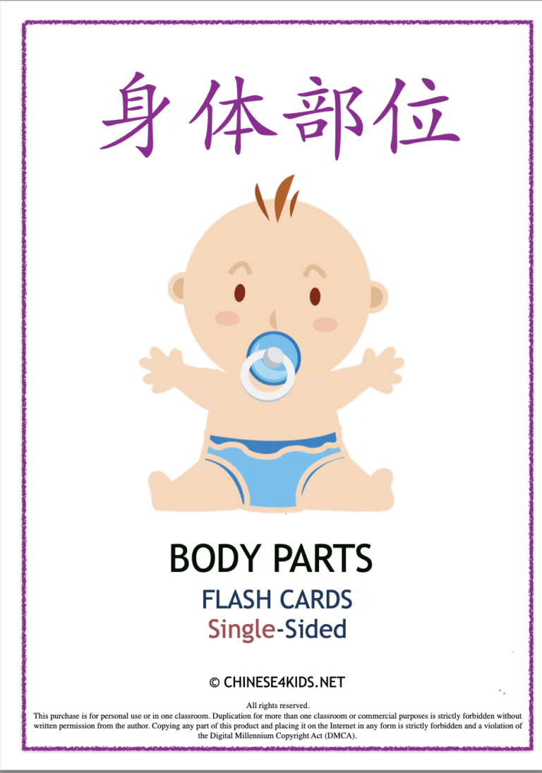 Learn Body Parts in Chinese with Body Parts theme learning pack for kids