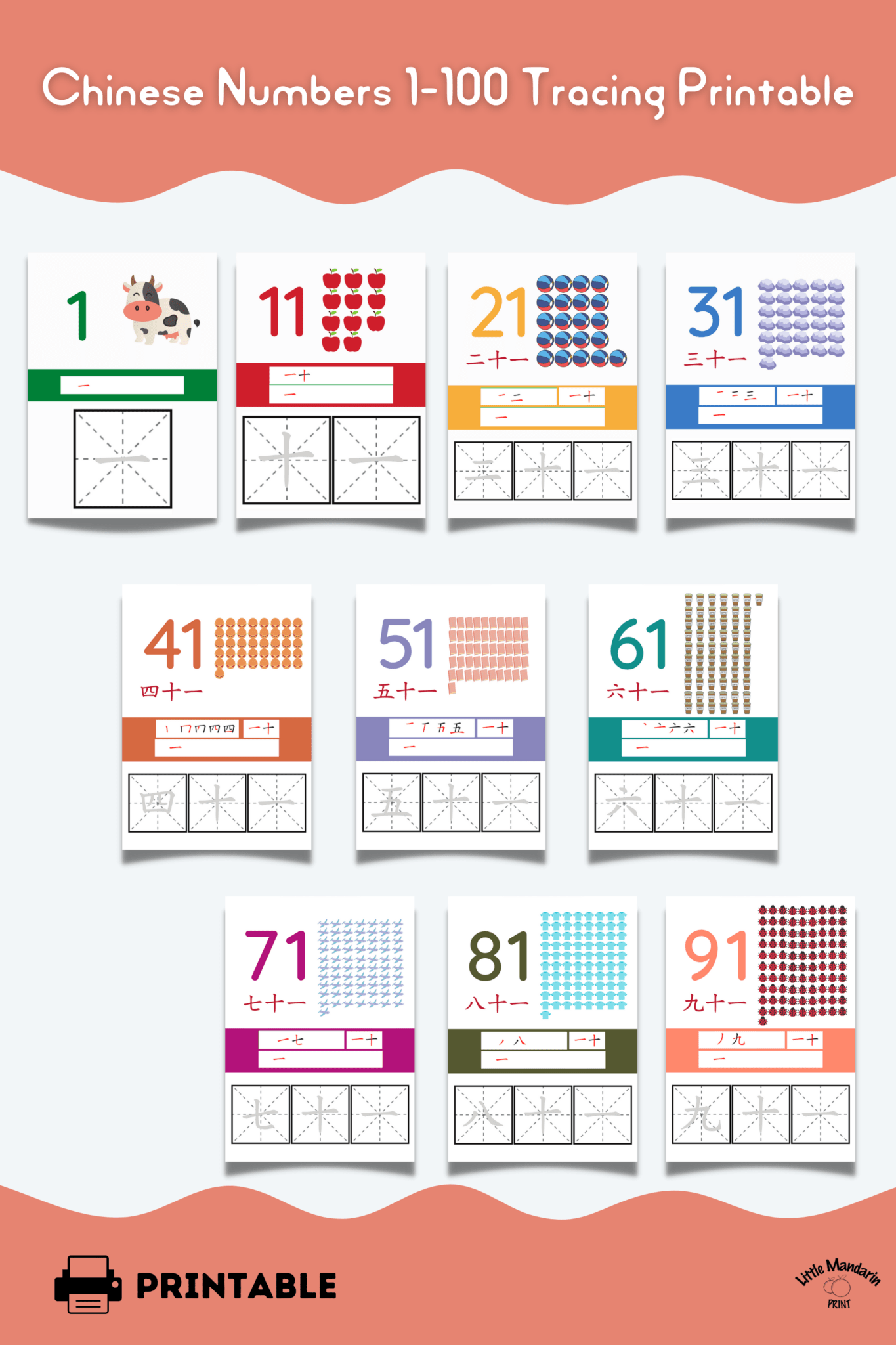 Chinese Numbers 1-100 Count and Trace Flashcards for Kids