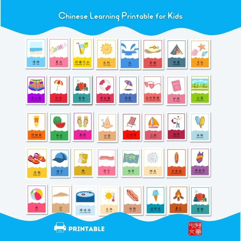 Summer Chinese Learning for Kids with 3-Part Montessori Flashcards