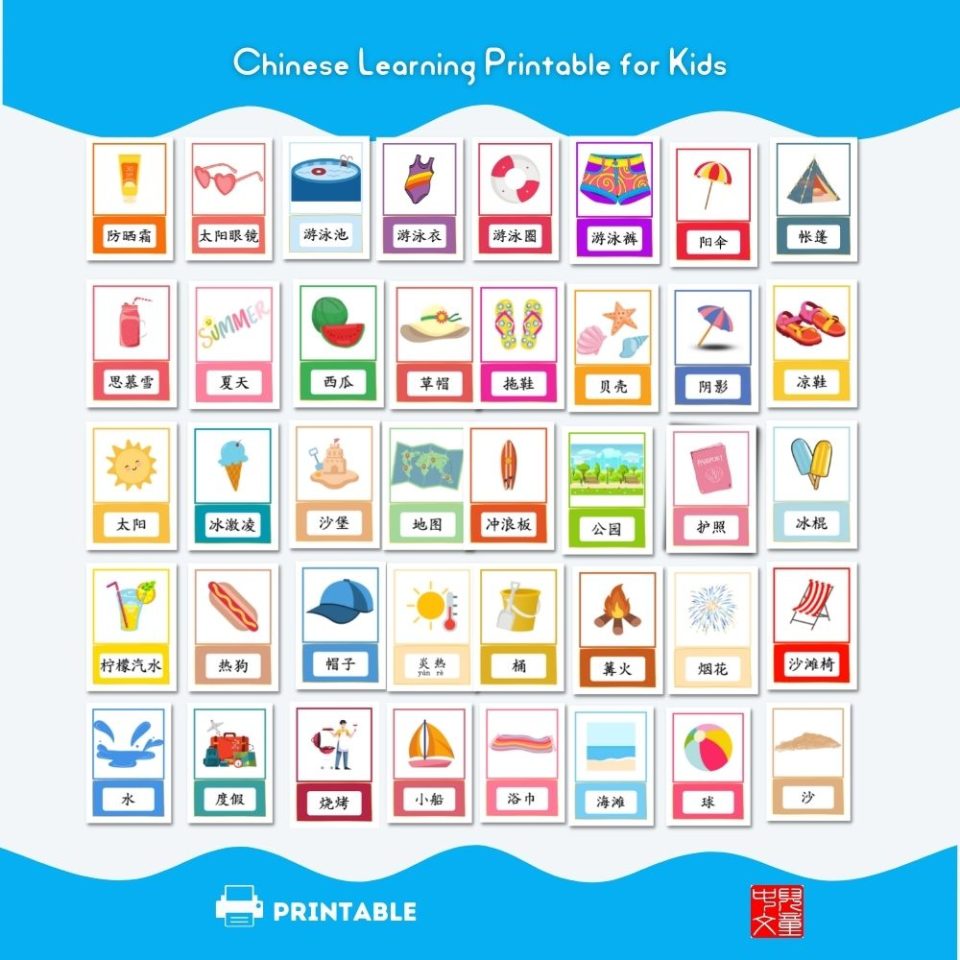 Summer Chinese Learning for Kids with 3-Part Montessori Flashcards