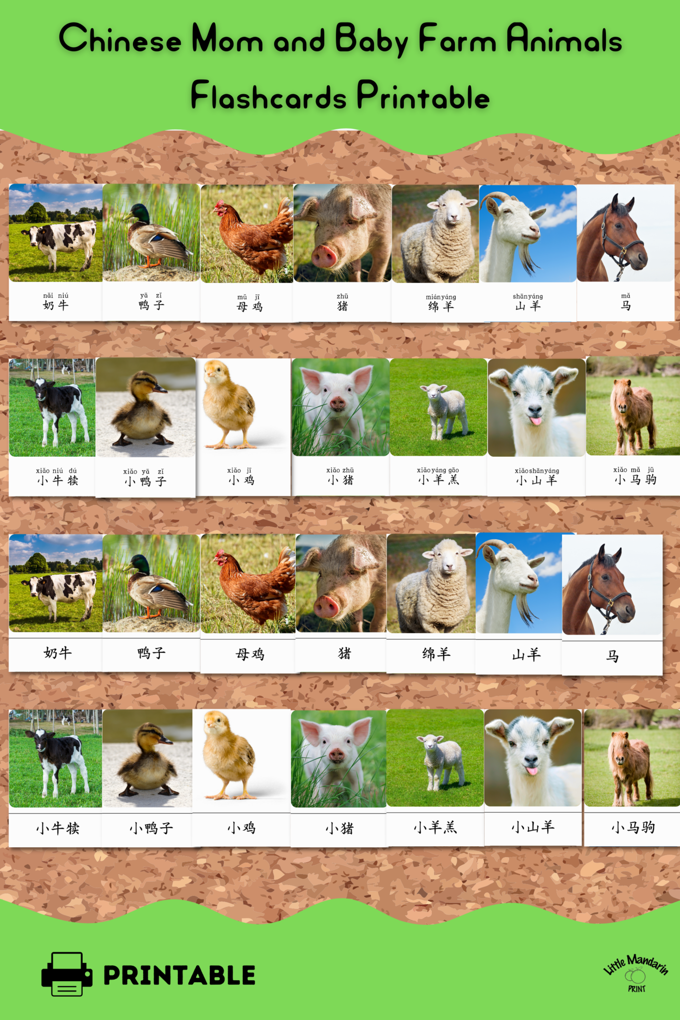 Mom and Baby Farm Animals Montessori Chinese Flashcards