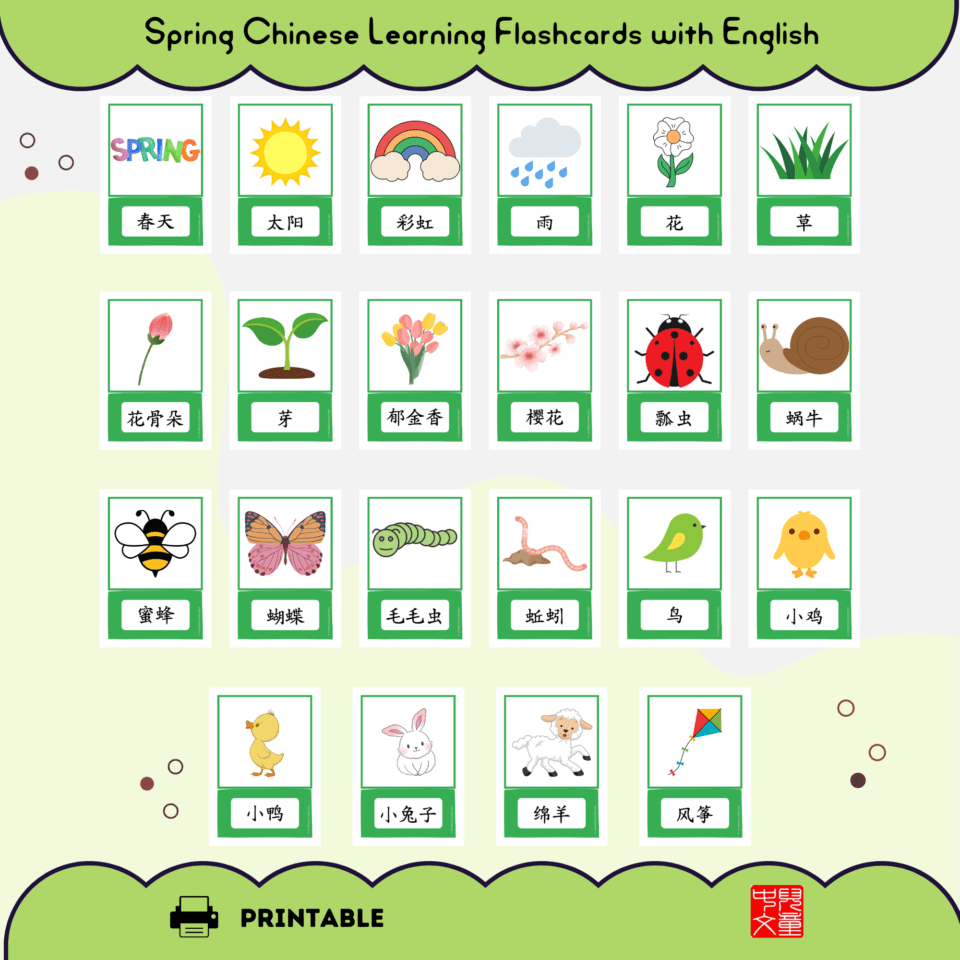 Spring Chinese Montessori 3-Part Flashcards for kids