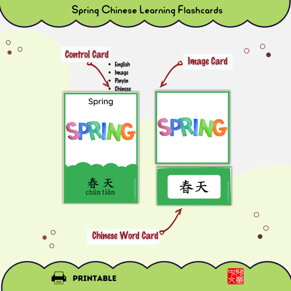 Spring Chinese Montessori 3-Part Flashcards for kids
