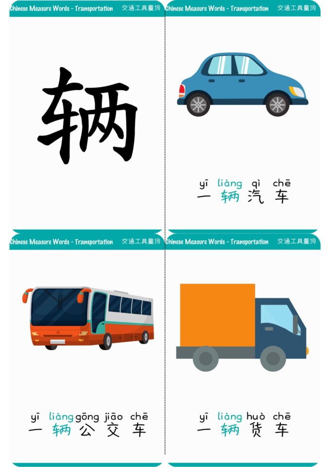 Chinese Measure Words for Transportation Montessori Flashcards