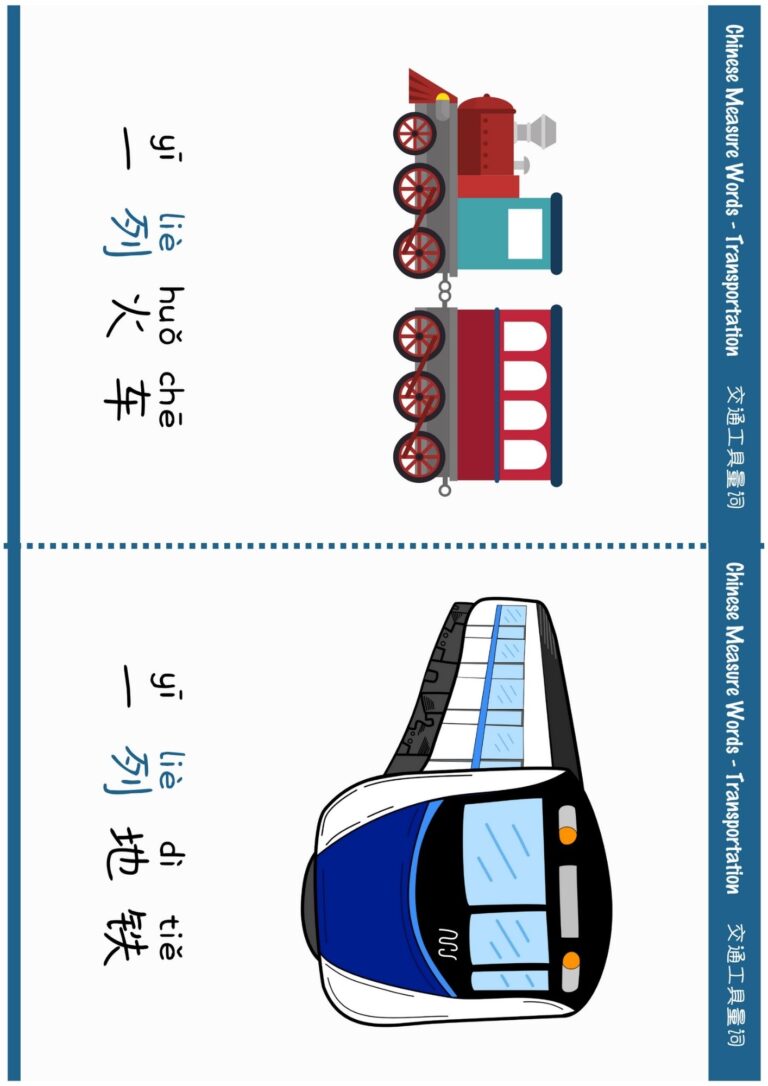 Chinese Measure Words for Transportation Montessori Flashcards