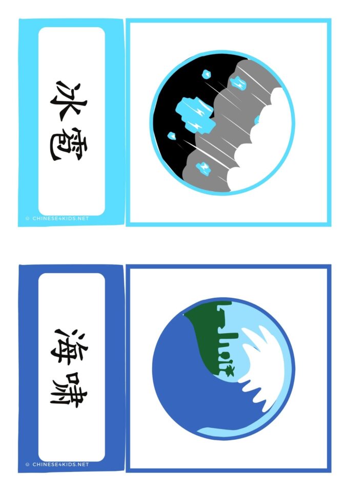 Natural Disaster Chinese Vocabulary Montessori 3-Part Flashcards