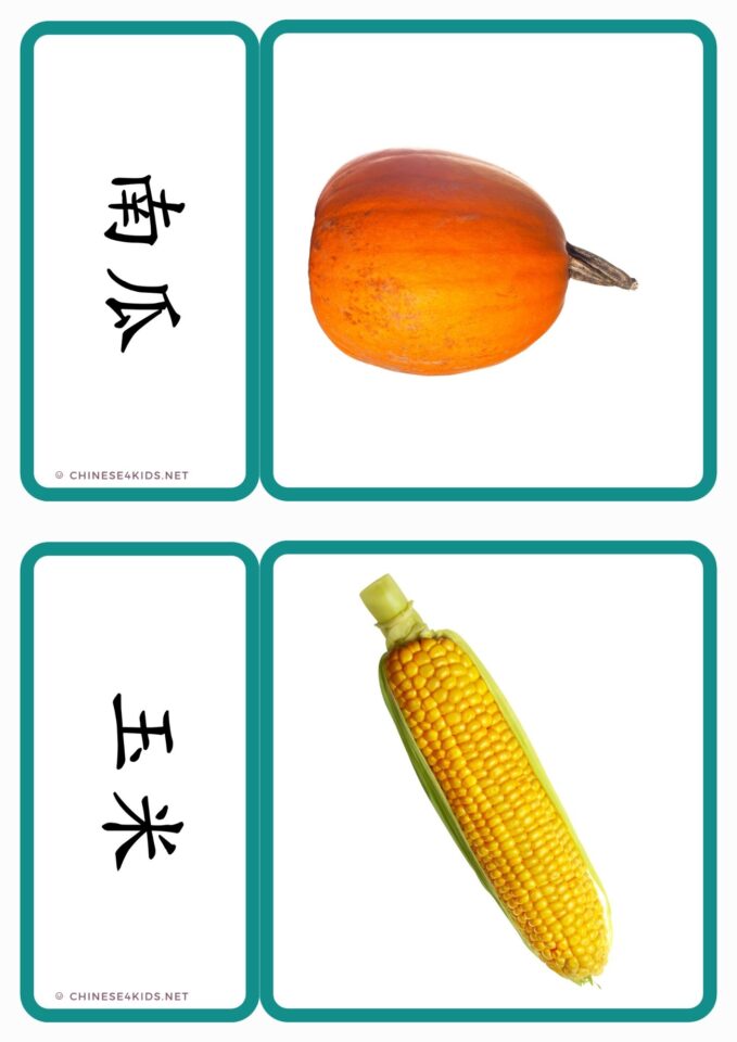 Vegetable Chinese Vocabulary Montessori 3-Part Flashcards