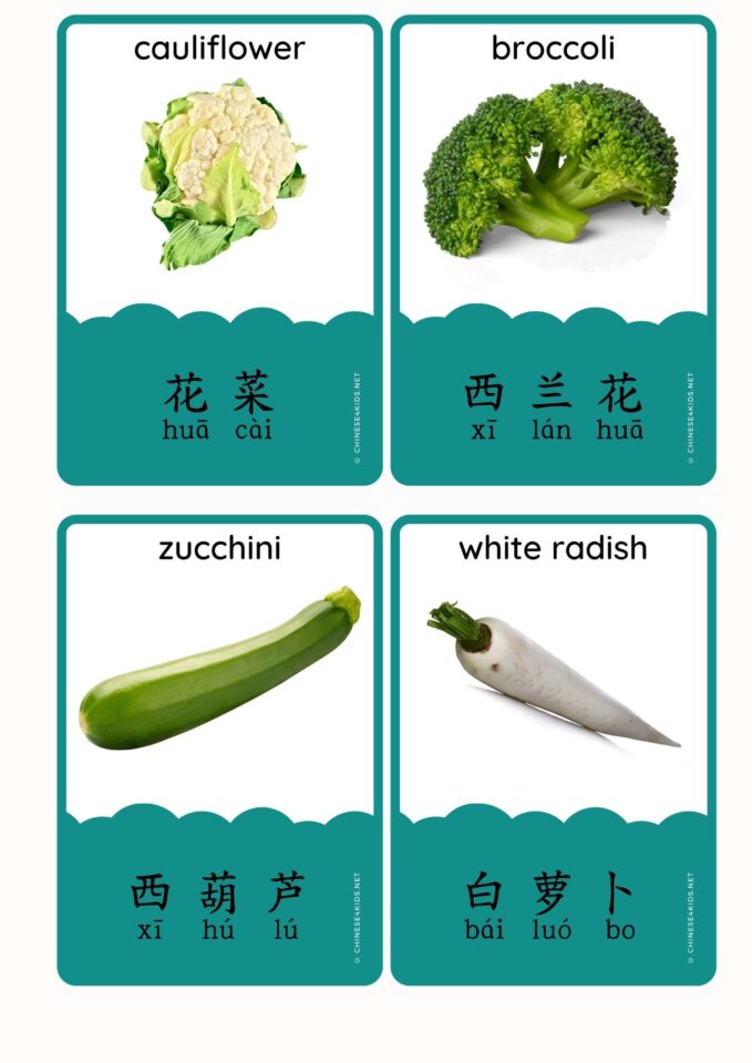 Vegetable Chinese Vocabulary Montessori 3-Part Flashcards