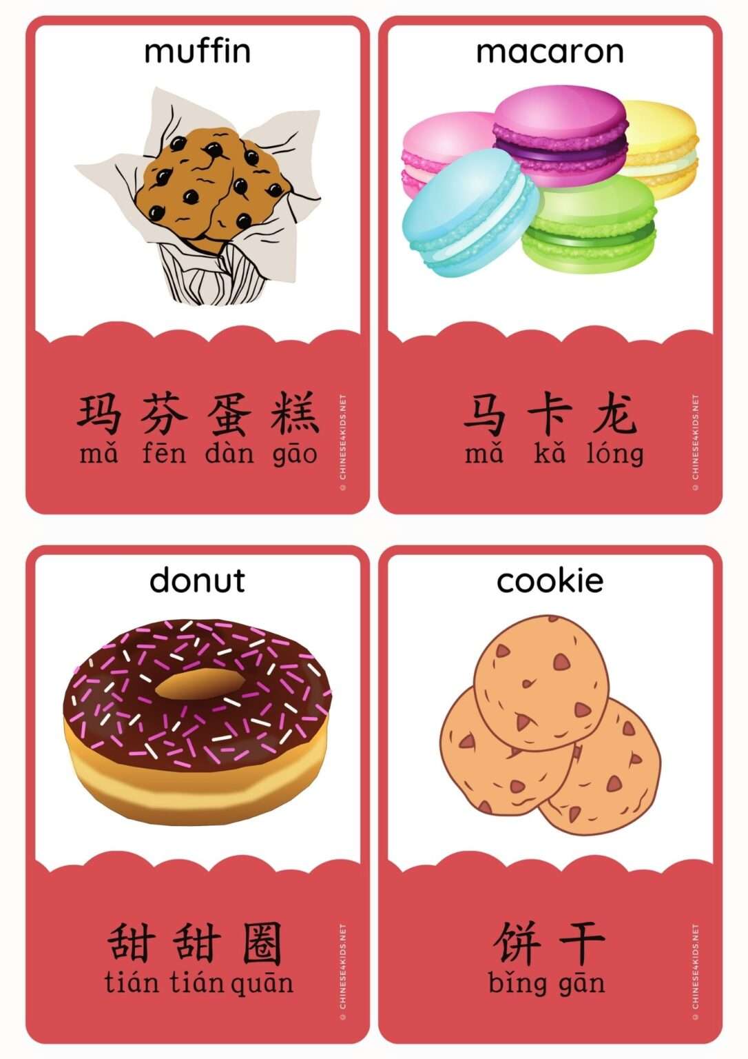 Dessert Chinese Vocabulary Montessori 3-Part Flashcards