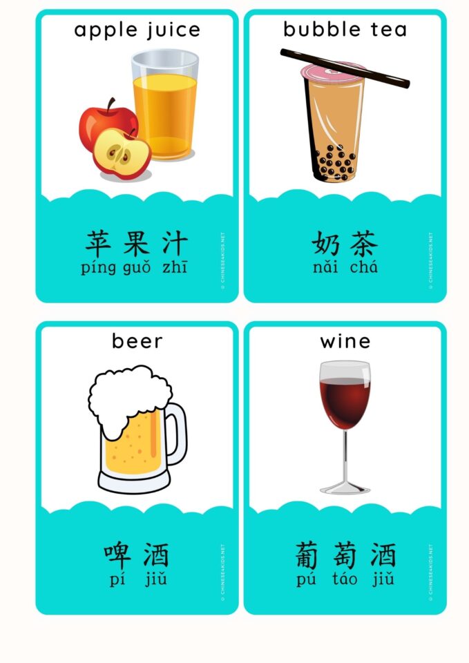 Beverage Chinese Vocabulary Montessori 3-Part Flashcards