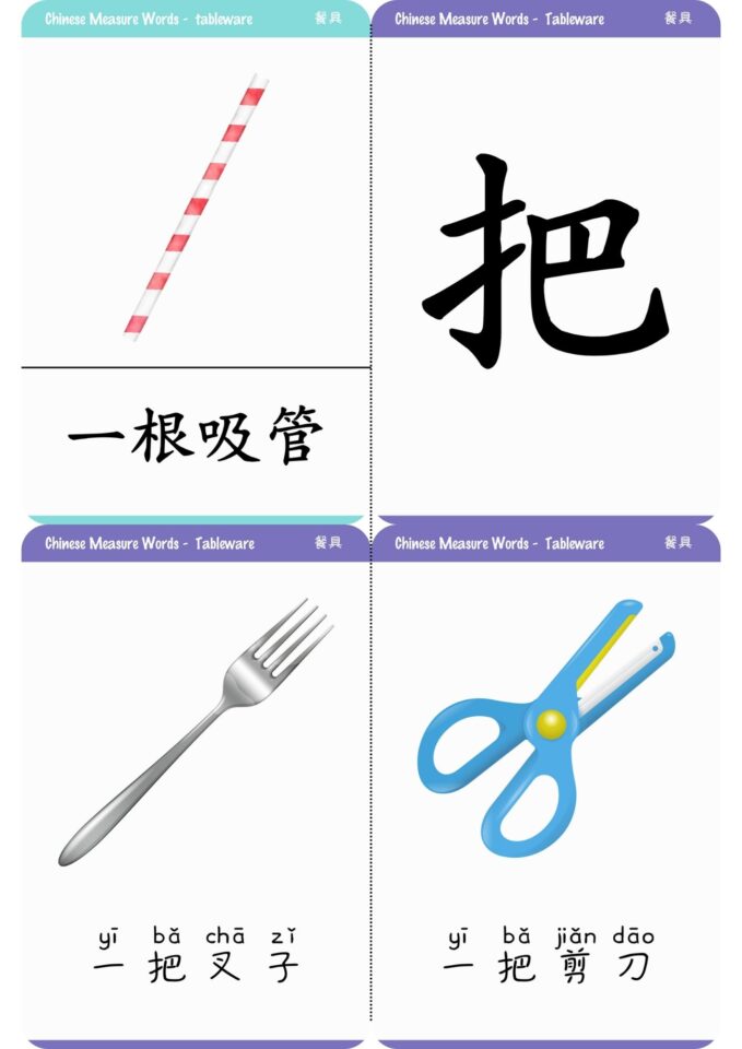 Chinese Measure Words for Tableware Montessori Flashcards