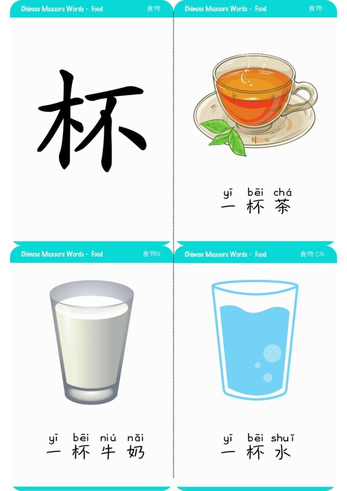 Chinese Measure Words for Food Montessori 3-Part Flashcards