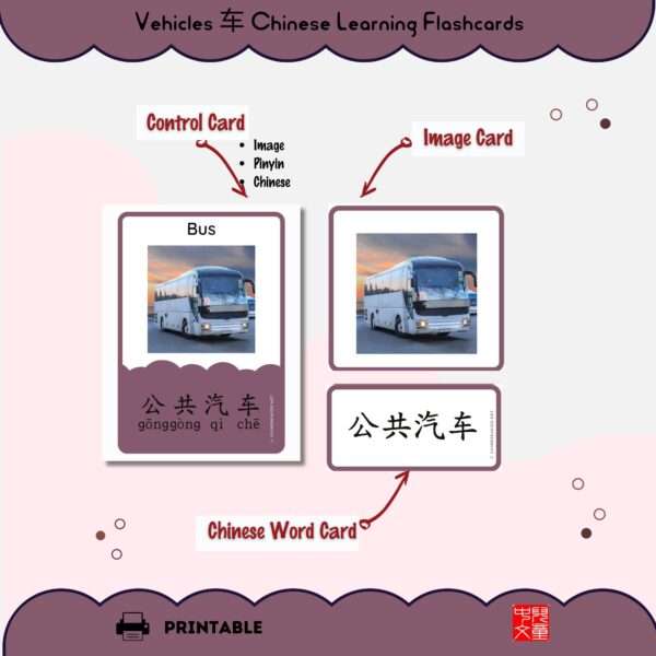 Chinese Vehicle Words Montessori 3-part Flashcards